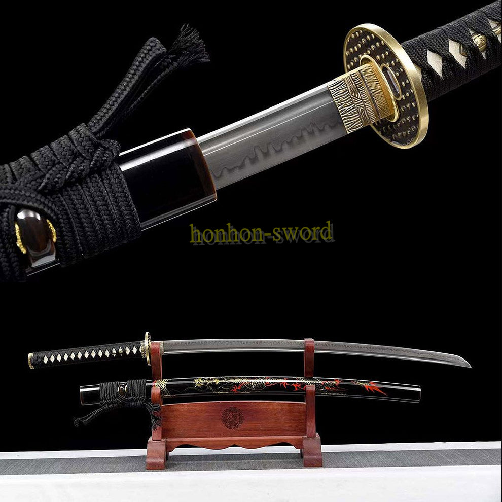 T10 Clay Tempered Katana Hand Polishing Japanese Samurai Sword Black O ...