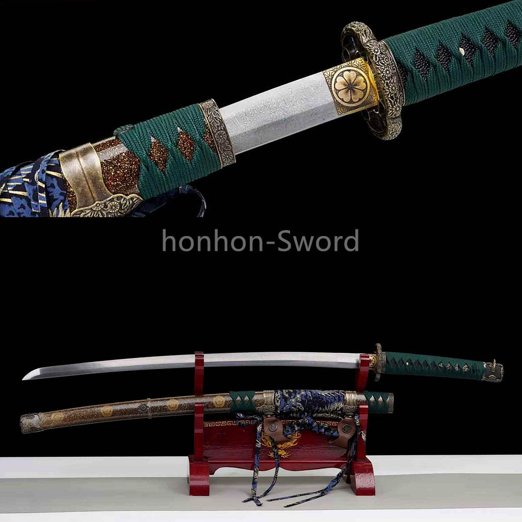Japanese Tachi Damascus Folded Steel Sword Feather pattern Sharp Battl ...