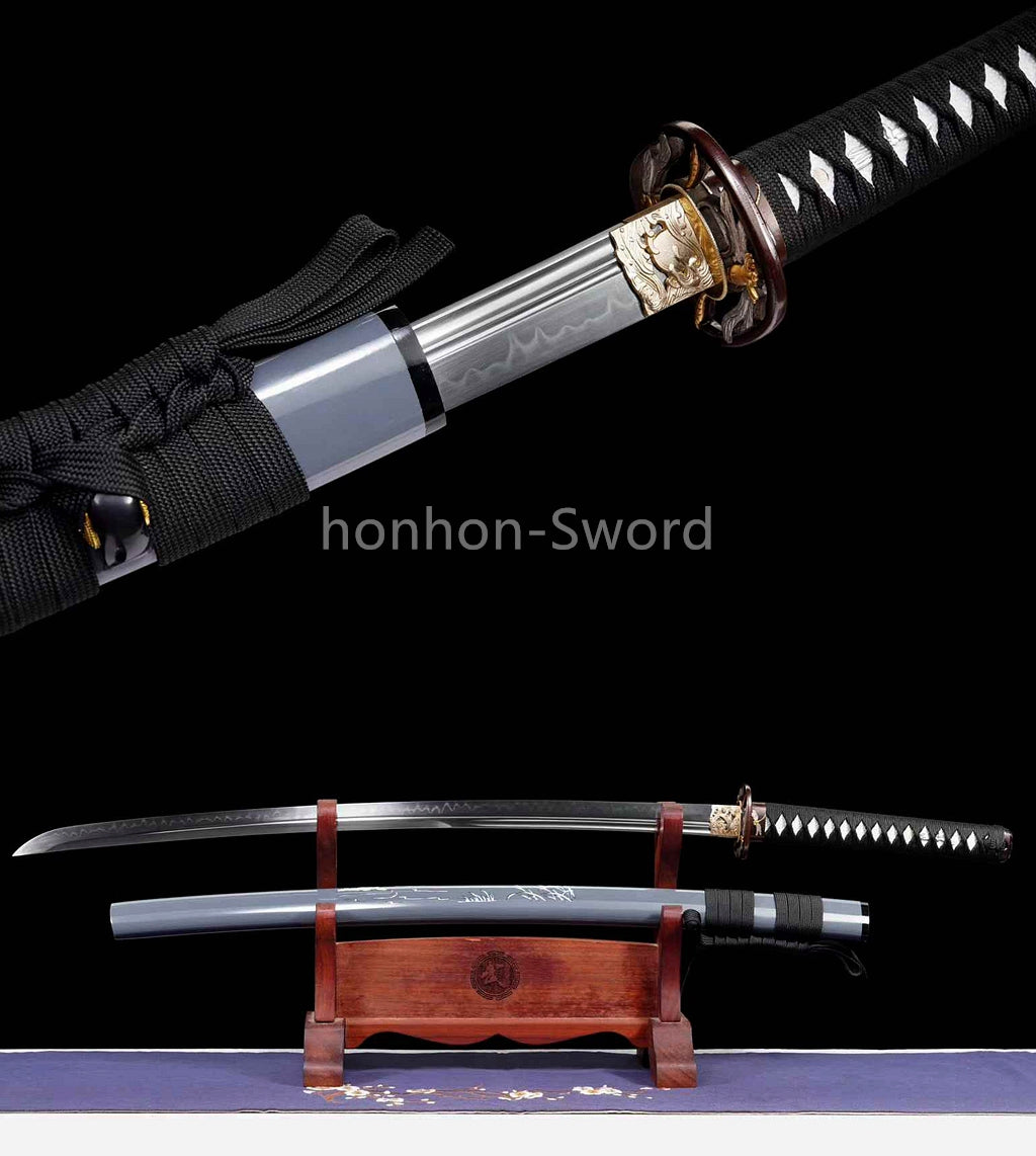 T10 Steel Clay Tempered Japanese Katana UNOKUBI ZUKUR Samurai Sword Fu ...