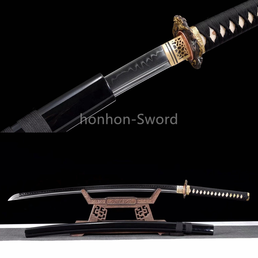 T10 Clay Tempered Japanese Katana Black Samurai Sword Brass Tsuba Full ...