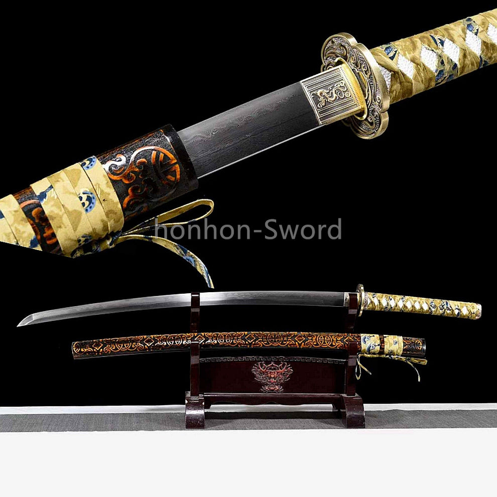Japanese Katana Folded Steel Brass Samurai Sword SHINOGI ZUKURI Sharp ...